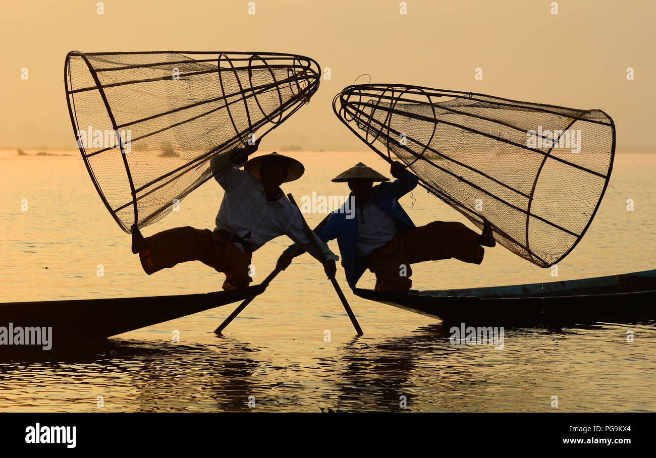 Inle, Myanmar - Feb 15, 2016. Intha man using the unique methods of ...
