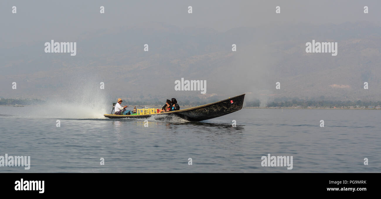 Inle, Myanmar - Feb 15, 2016. Speed boat running on Inle (Inlay) lake ...