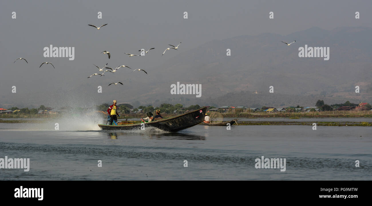 Inle, Myanmar - Feb 15, 2016. Speed boat running on Inle (Inlay) lake ...