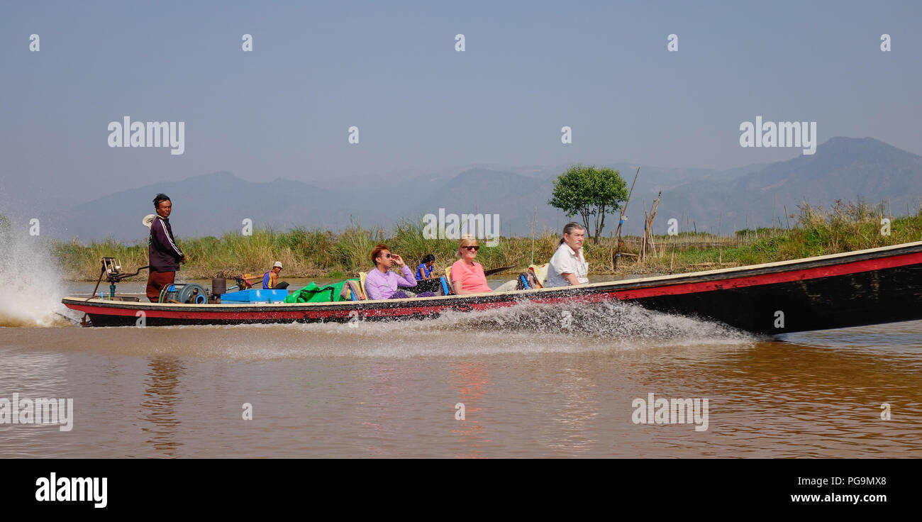 Inle, Myanmar - Feb 15, 2016. Speed boat running on Inle (Inlay) lake ...