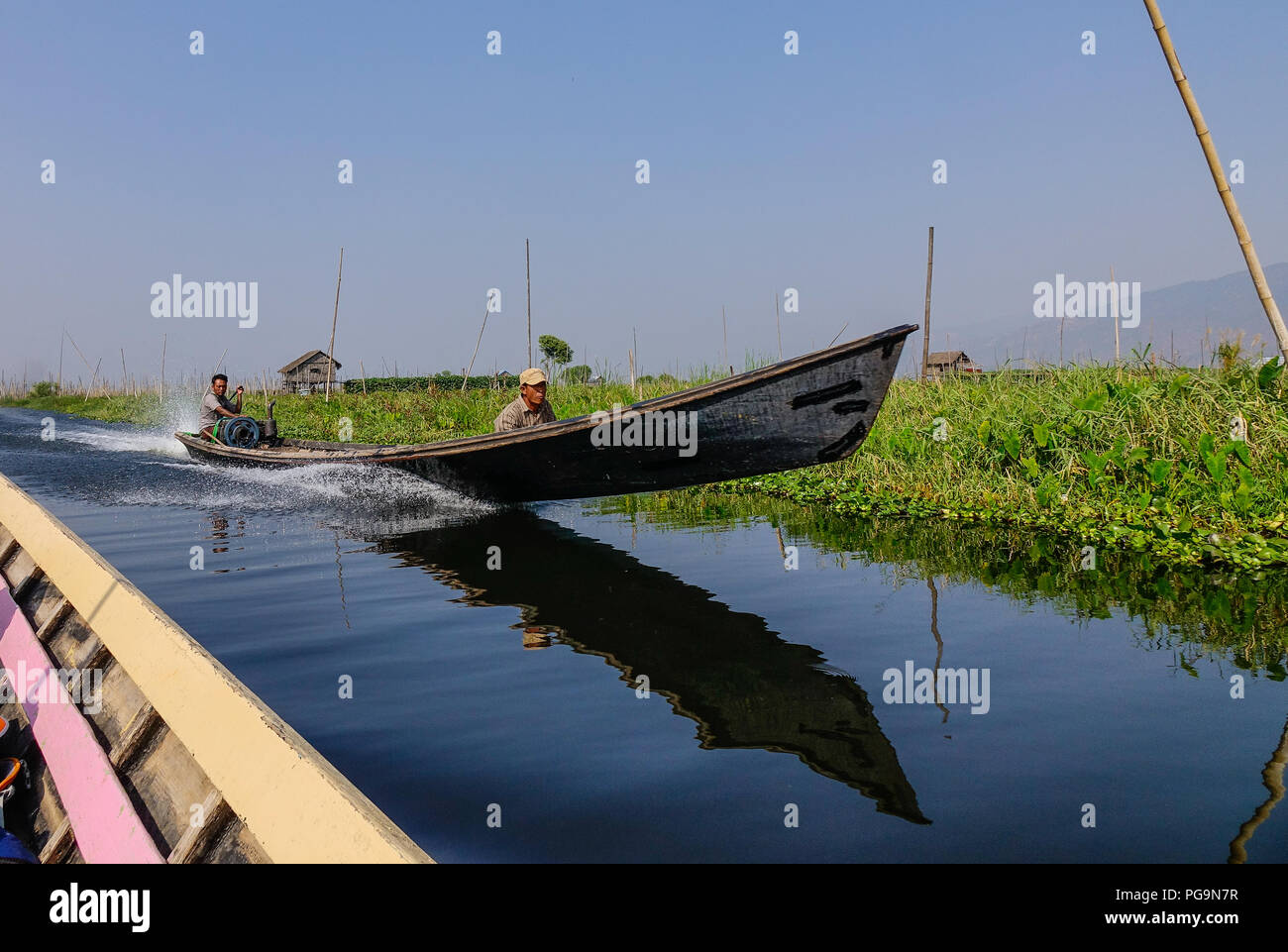 Inle, Myanmar - Feb 15, 2016. Speed boat running on Inle (Inlay) lake ...