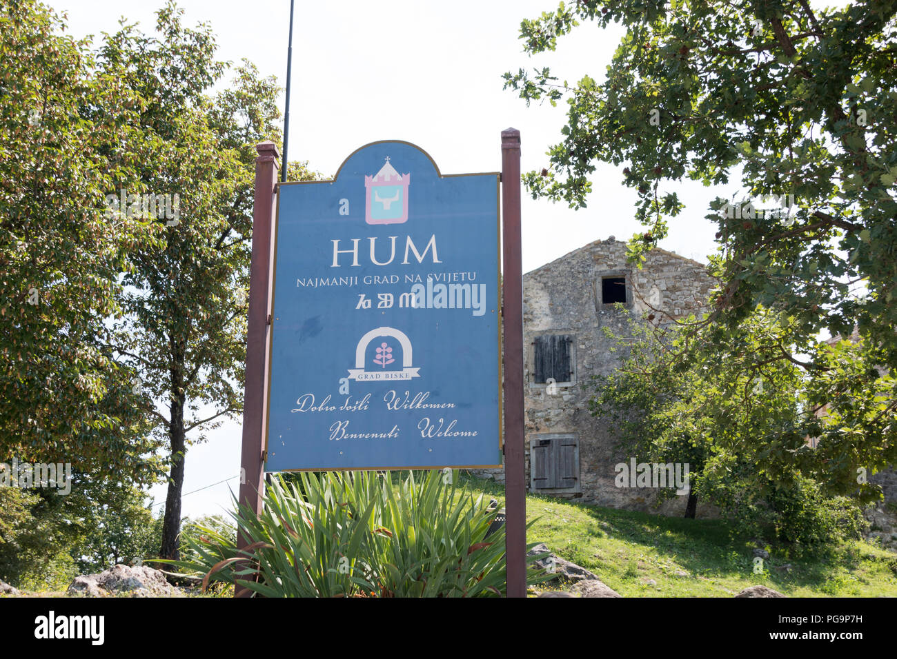 Hum, Croatia - July 29, 2018: View of the sign for the city of Hum in ...