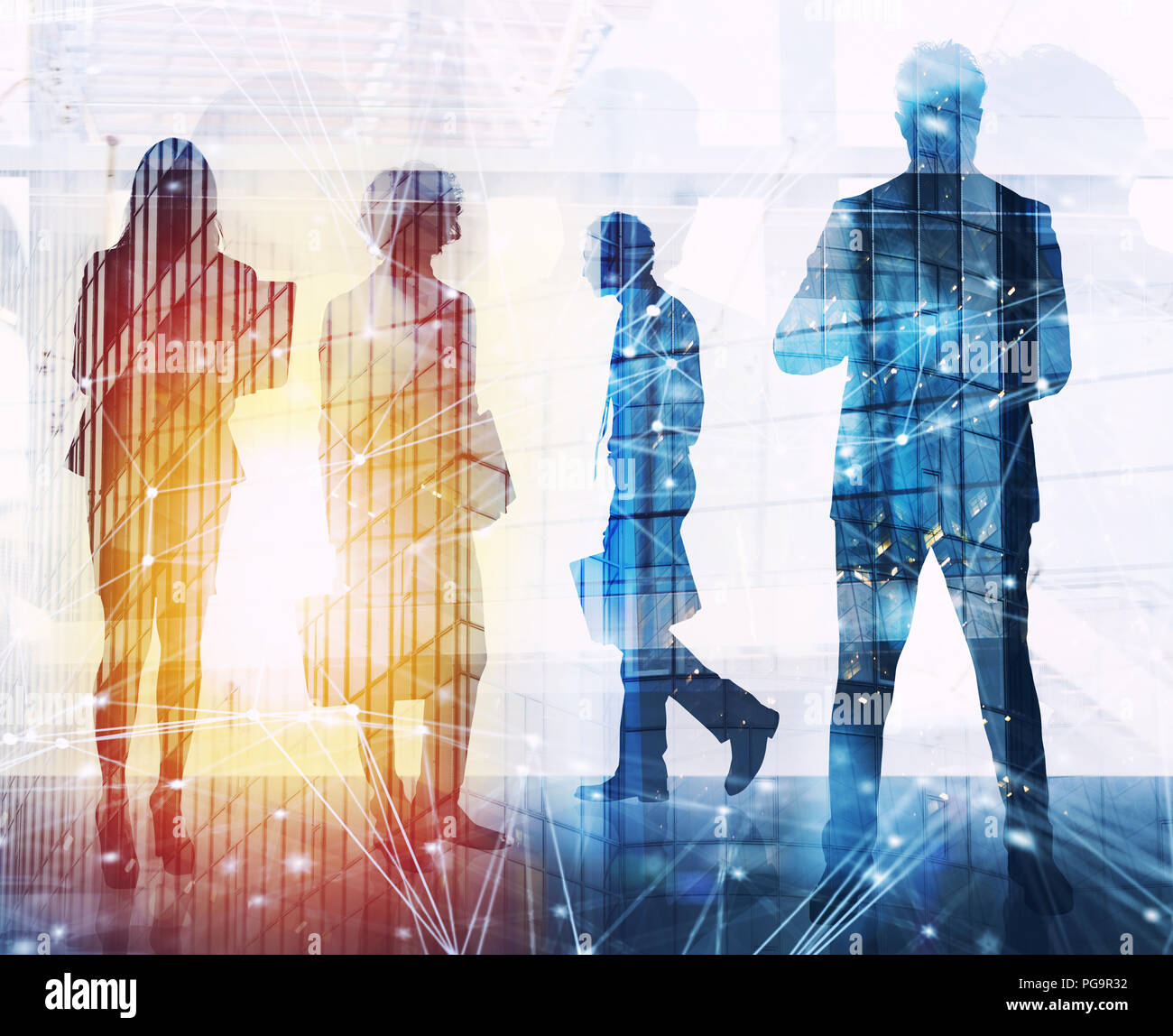 Business people work together in office with internet network effects ...