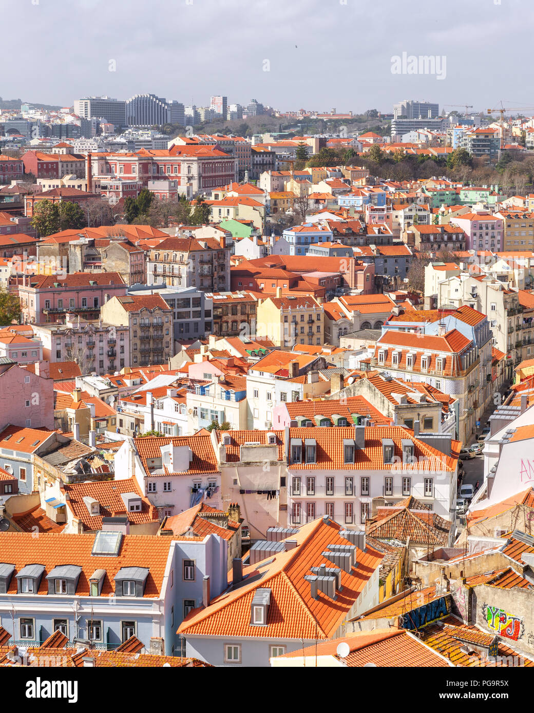 Top view of the tiled red roofs of Lisbon in Portugal. Traditional ...