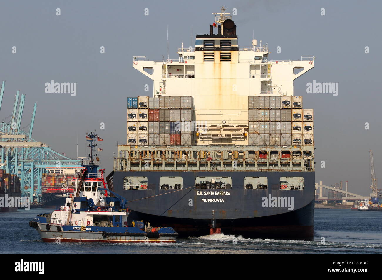 The container ship E.R. Santa Barbara arrives at the port of Rotterdam ...