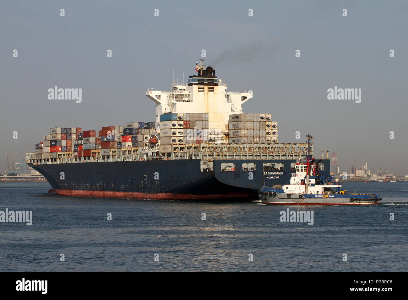 The container ship E.R. Santa Barbara arrives at the port of Rotterdam ...