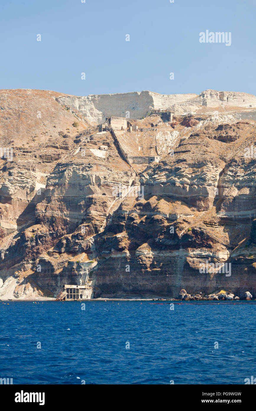 View from a boat to the southeastern crater wall of Santorini, Greece ...