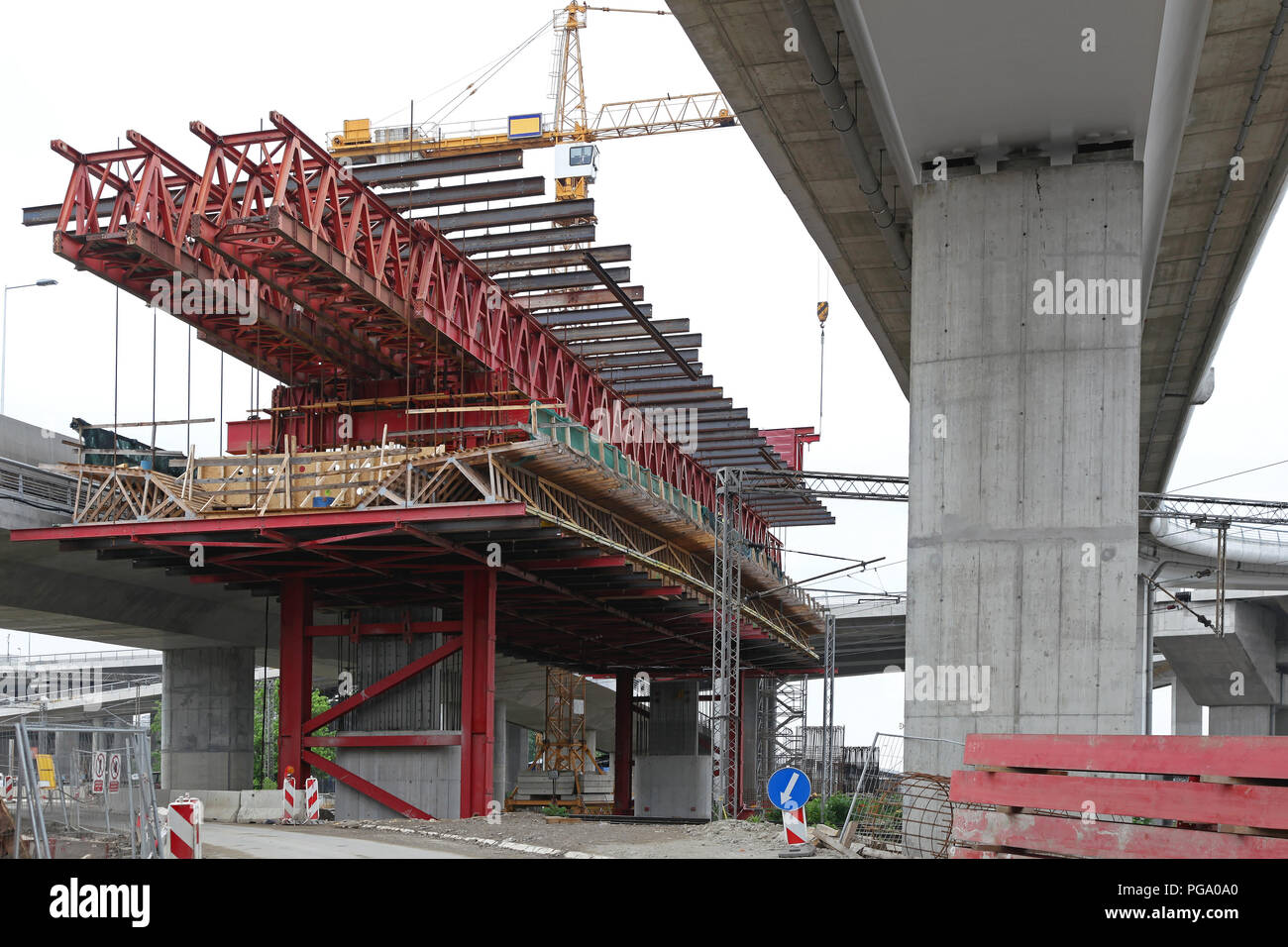 Bridge construction with scaffolding forms over intersection road Stock ...