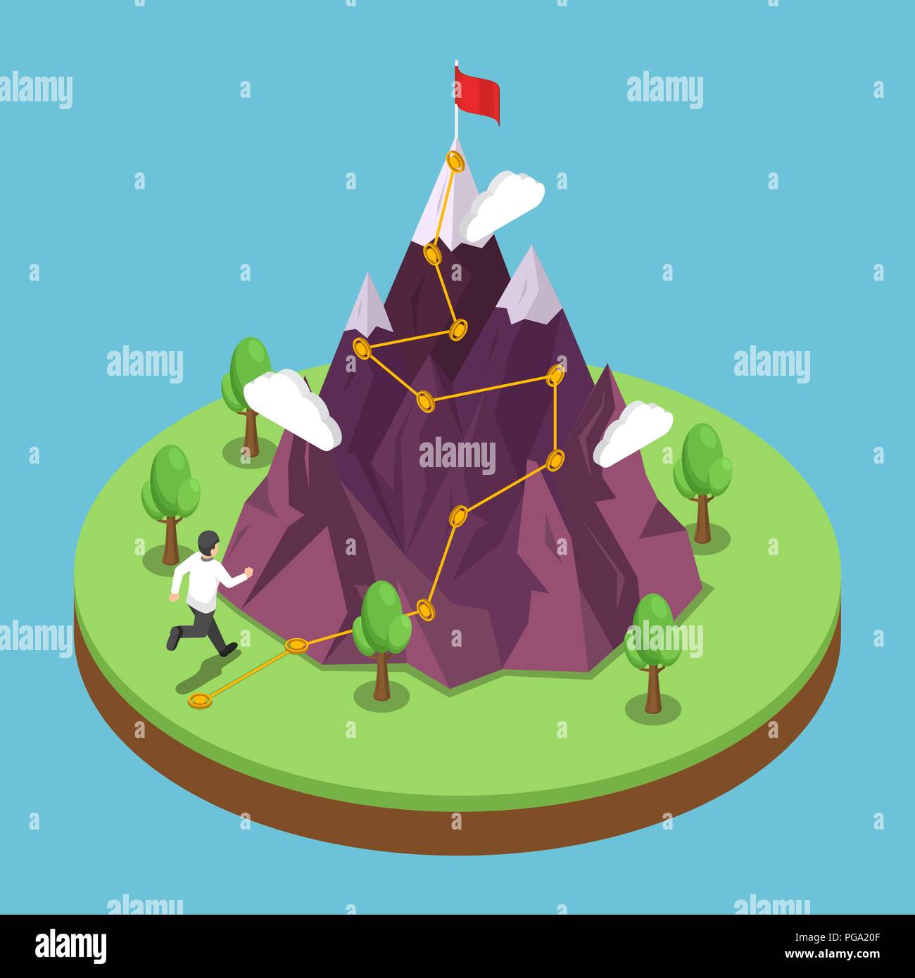 Flat 3d isometric business journey path to success target on the top of ...