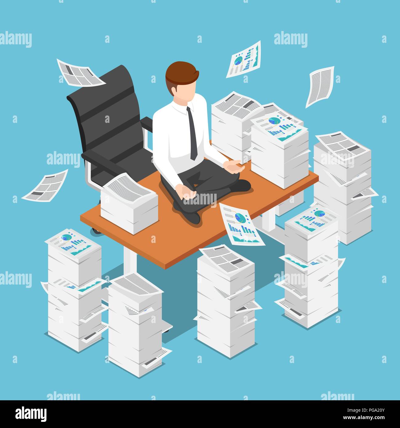 Flat 3d isometric businessman doing meditation on desk with pile of ...