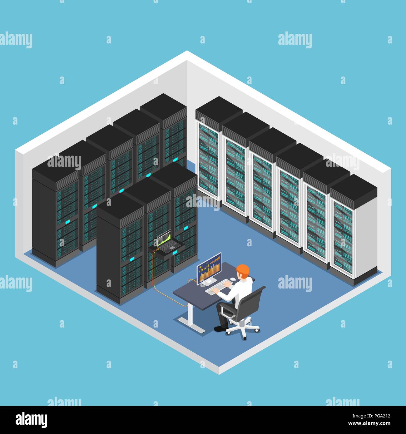 Flat 3d isometric businessman doing diagnostic test in database center ...