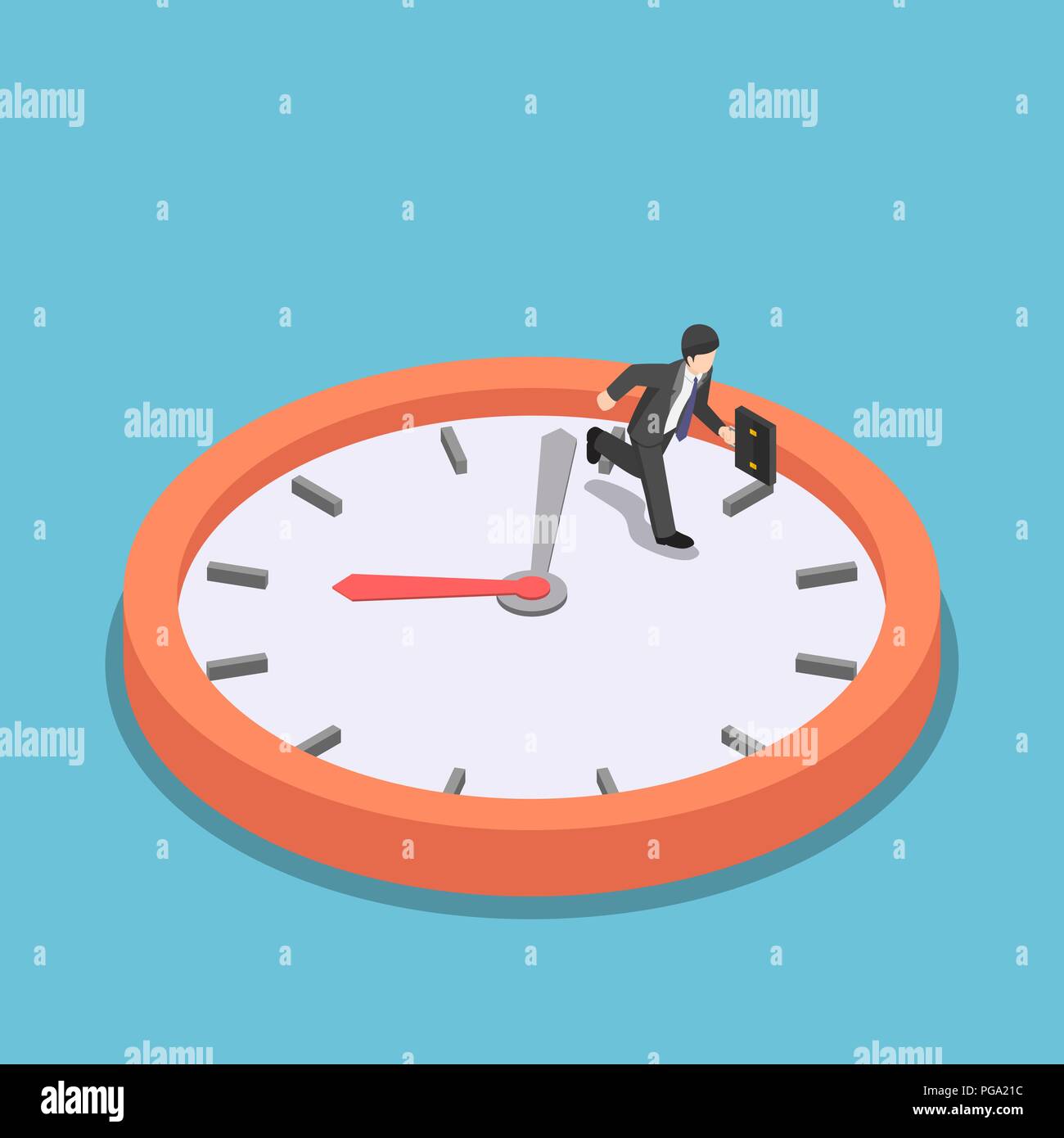 Flat 3d isometric businessman running on big clock face. Rush hour and ...