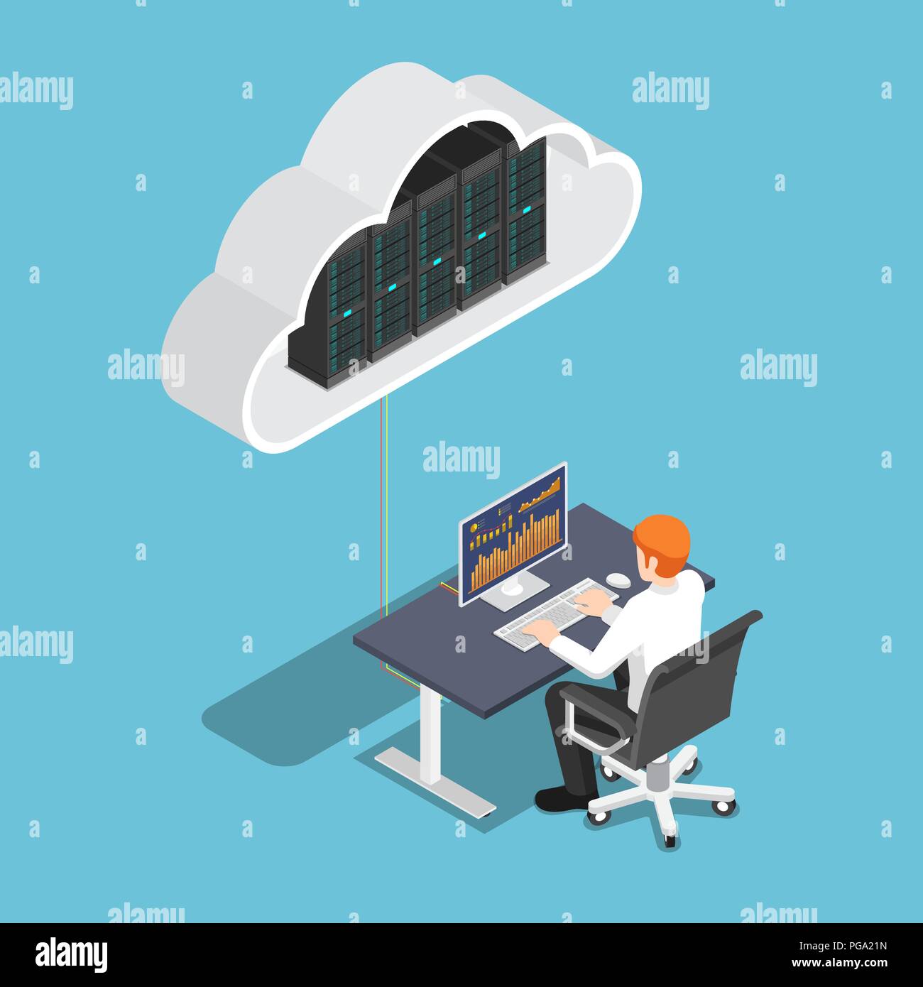 Flat 3d isometric businessman working on desktop pc and uploading to ...