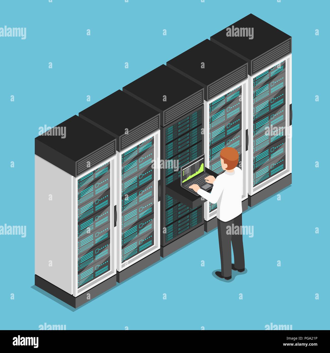 Flat 3d isometric businessman working on laptop in database center or ...