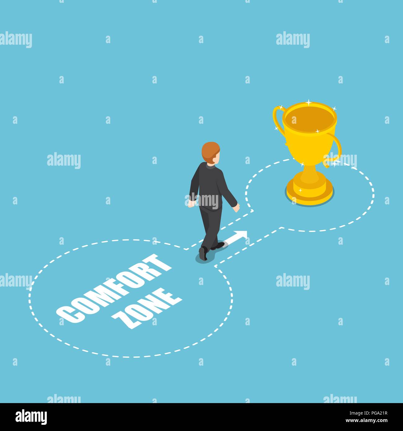 Flat 3d isometric businessmen come out of the comfort zone to success ...