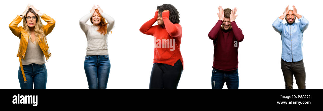 Group of cool people, woman and man terrified and nervous expressing ...