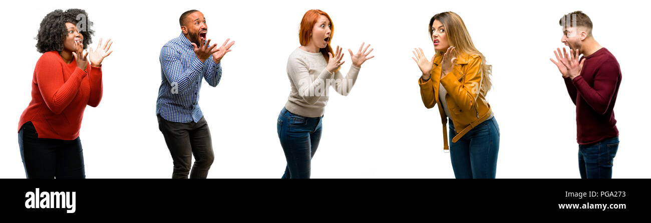 Group of cool people, woman and man stressful keeping hands on head ...