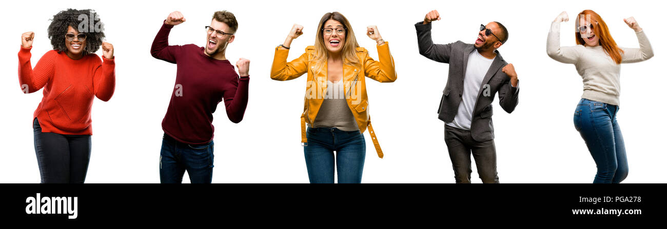 Group of cool people, woman and man happy and excited celebrating ...