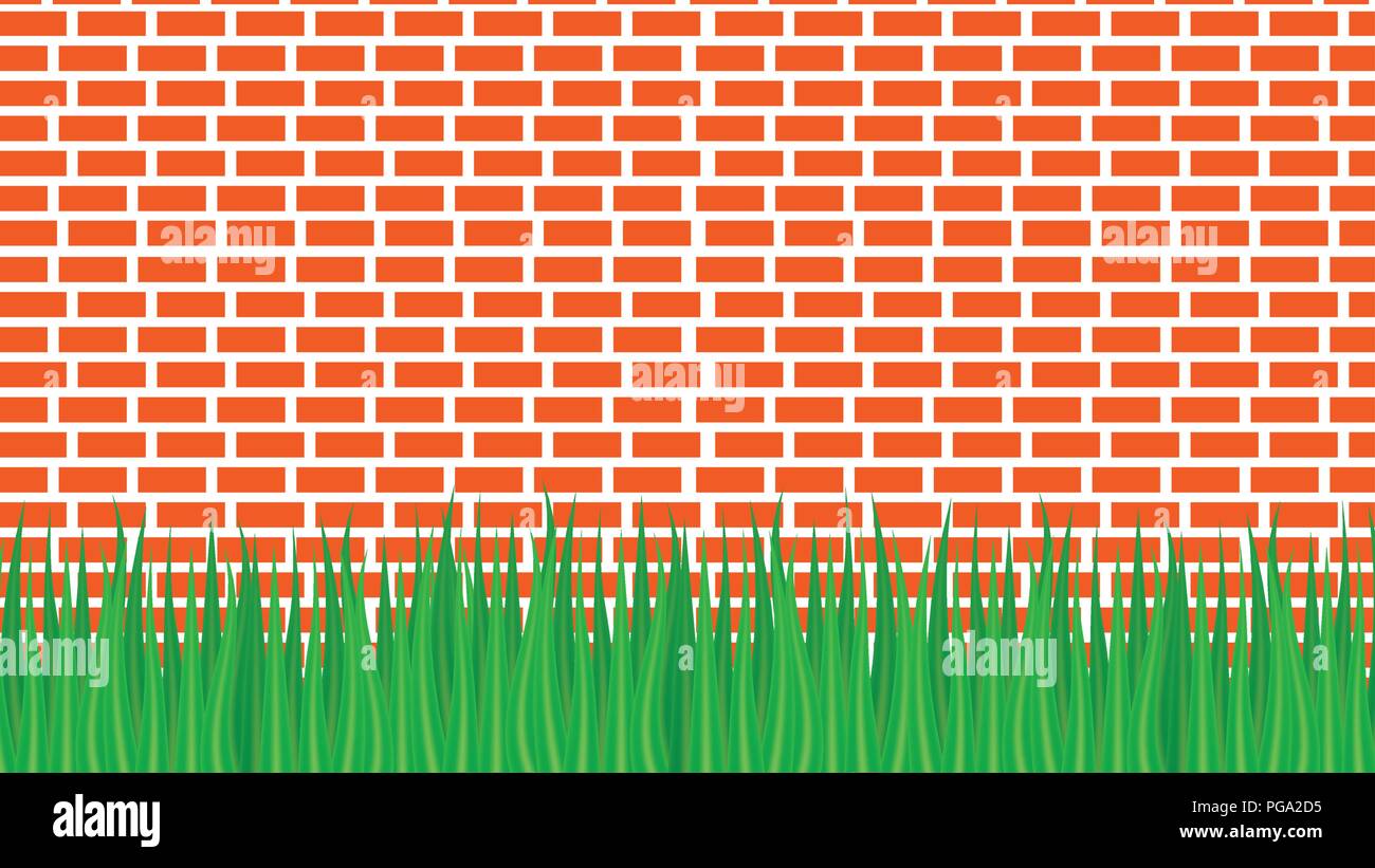 Vector illustration. Red brick wall and green grass from below Stock ...