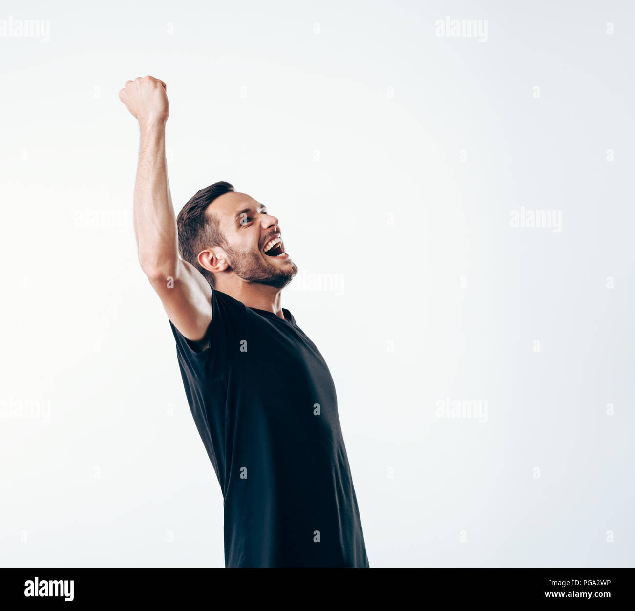 Handsome young man with arms up celebrating success Stock Photo - Alamy