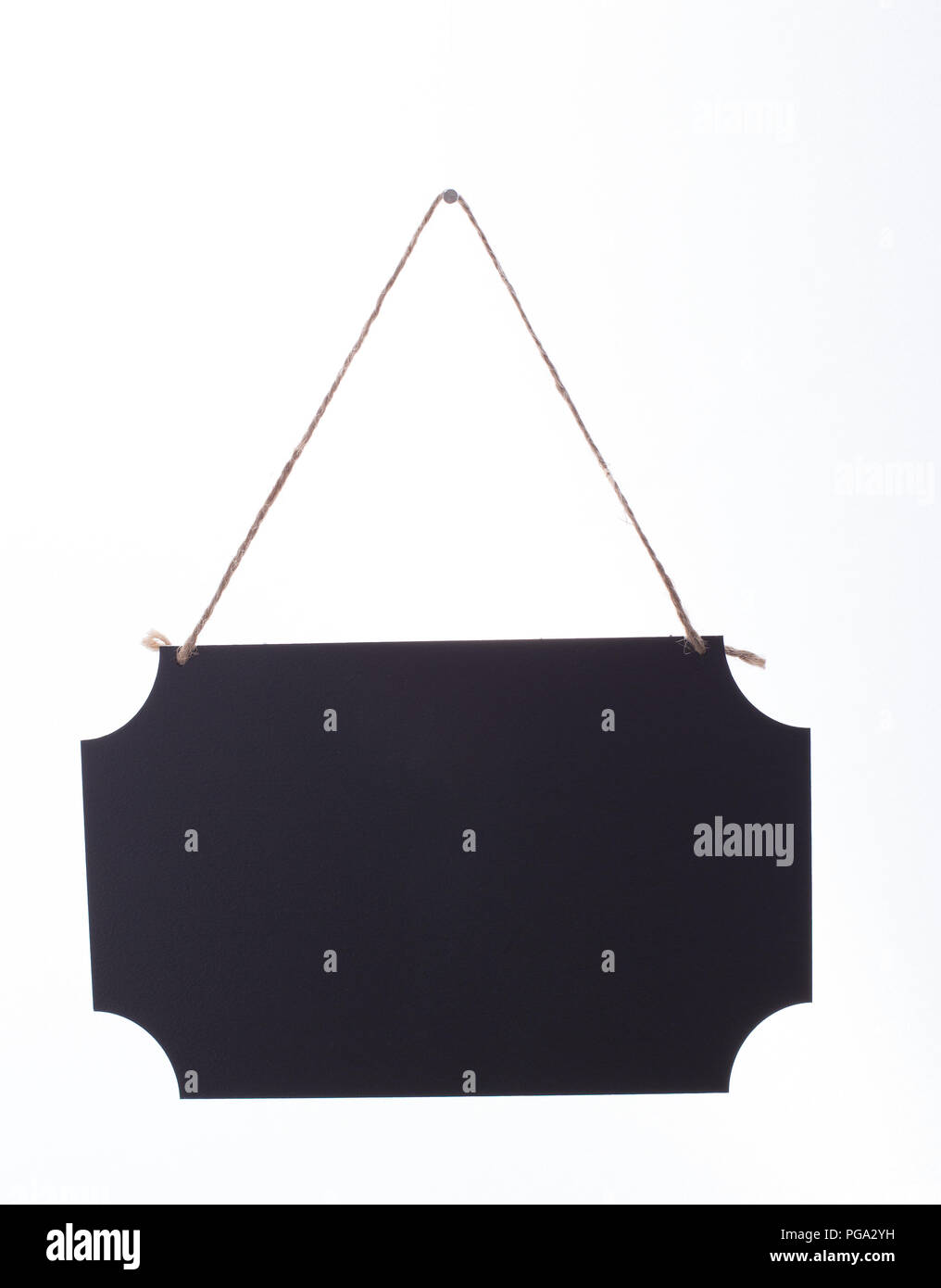 Empty hanging black chalkboard isolated on white Stock Photo - Alamy