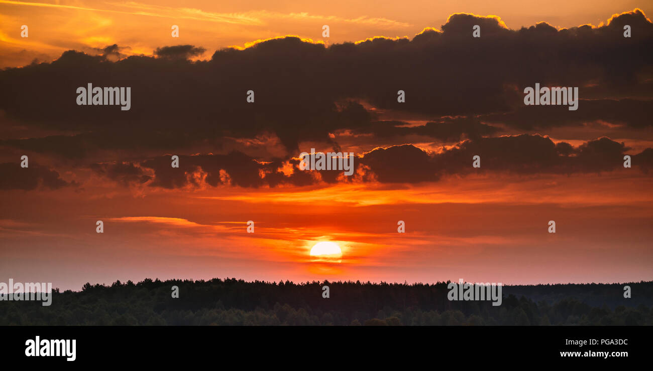 Sunrise Over Forest Landscape. Scenic View Of Morning Sky With Rising ...