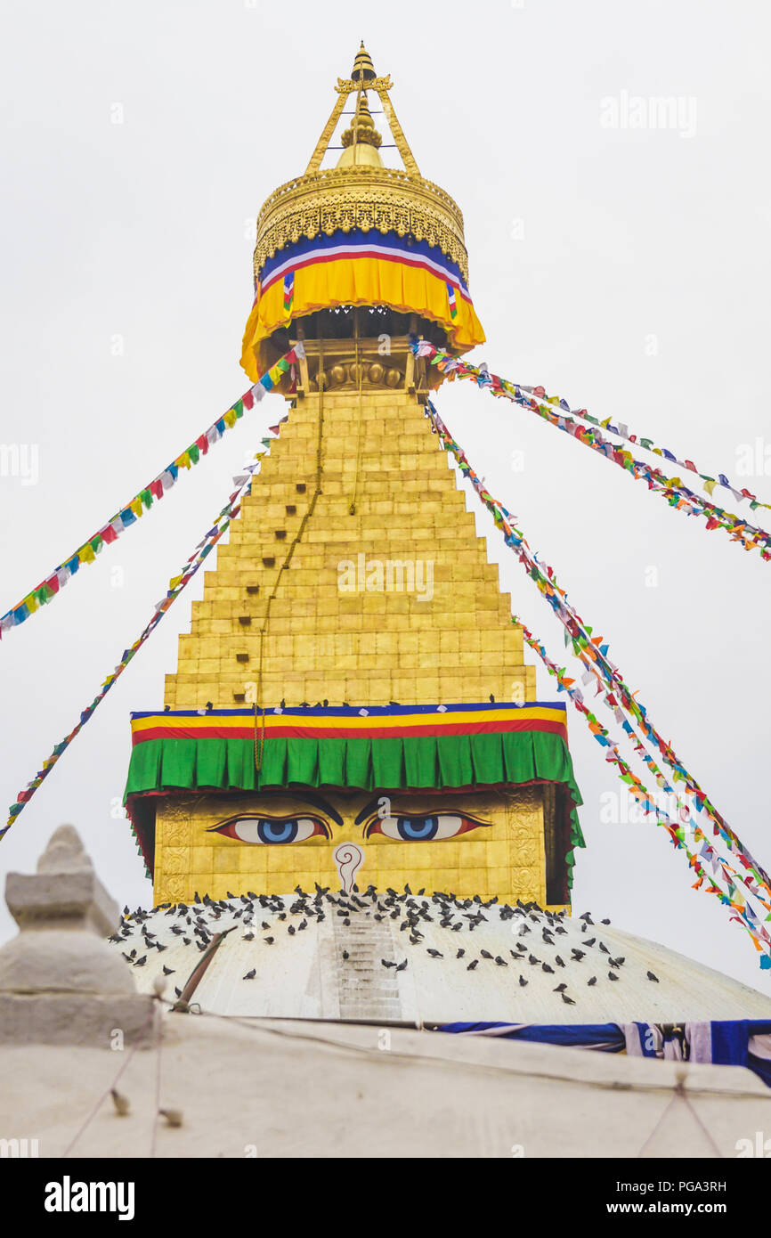 Famous Buddhist Shrine Boudhanath Stupa with Prayer Flags and Pigeons ...