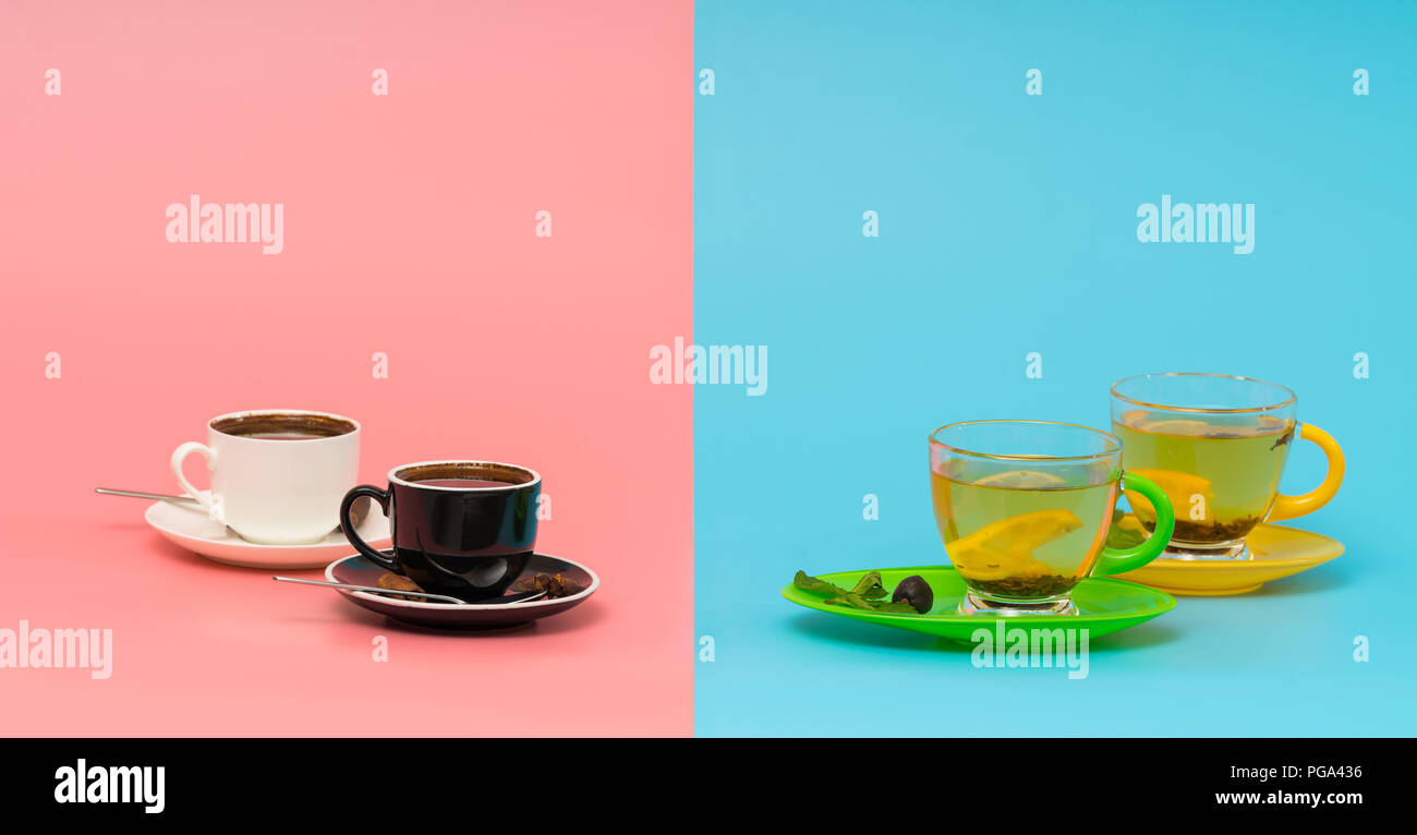 Two different cups of espresso coffee and two of green tea served with ...