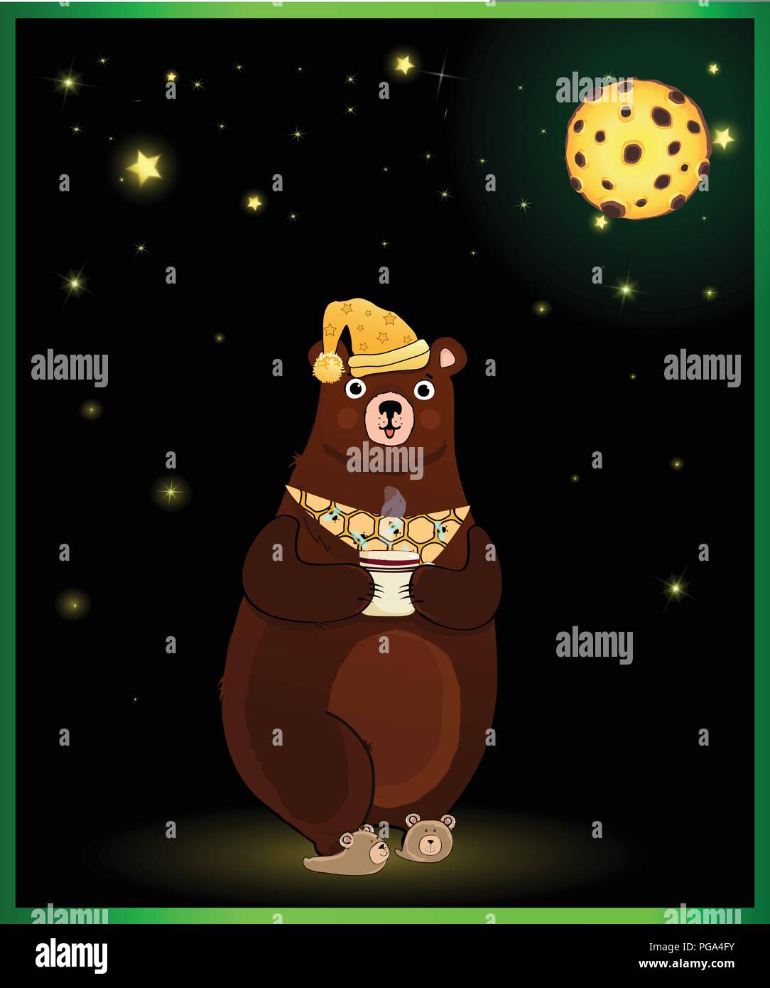 Vector illustration of cute cartoon bear character in sleeping hat and ...