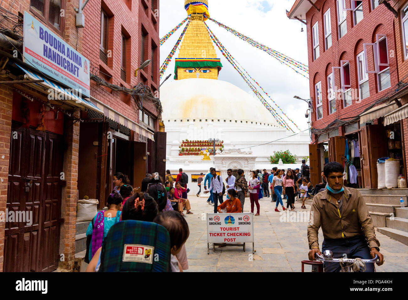 Kathmandu, Nepal - July 15, 2018 : Street view at Boudhanath ( Boudha ...