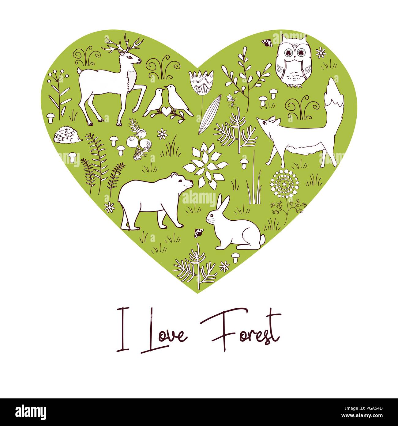Vintage heart shape with forest animals and plants. Vector kids ...