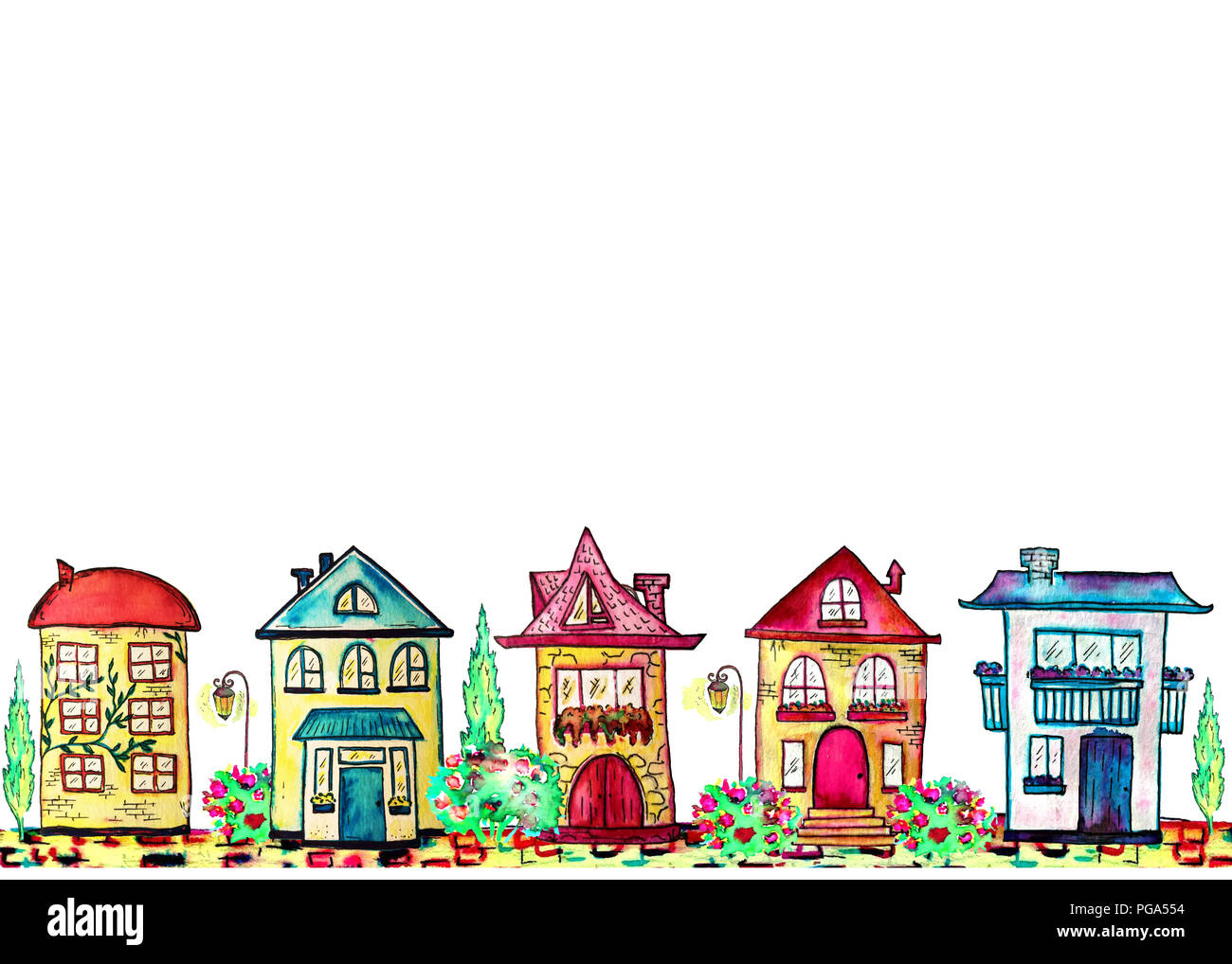 Hand drawn watercolor seamless street border with different houses ...