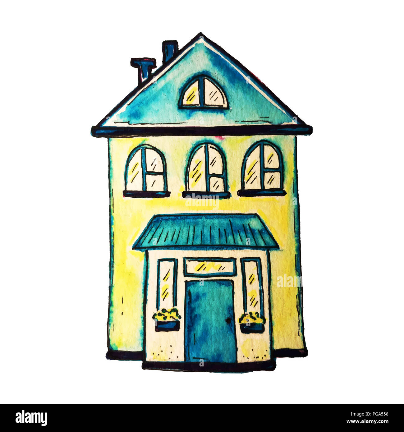 Cute watercolor painted house. Can be used for cute print design for ...