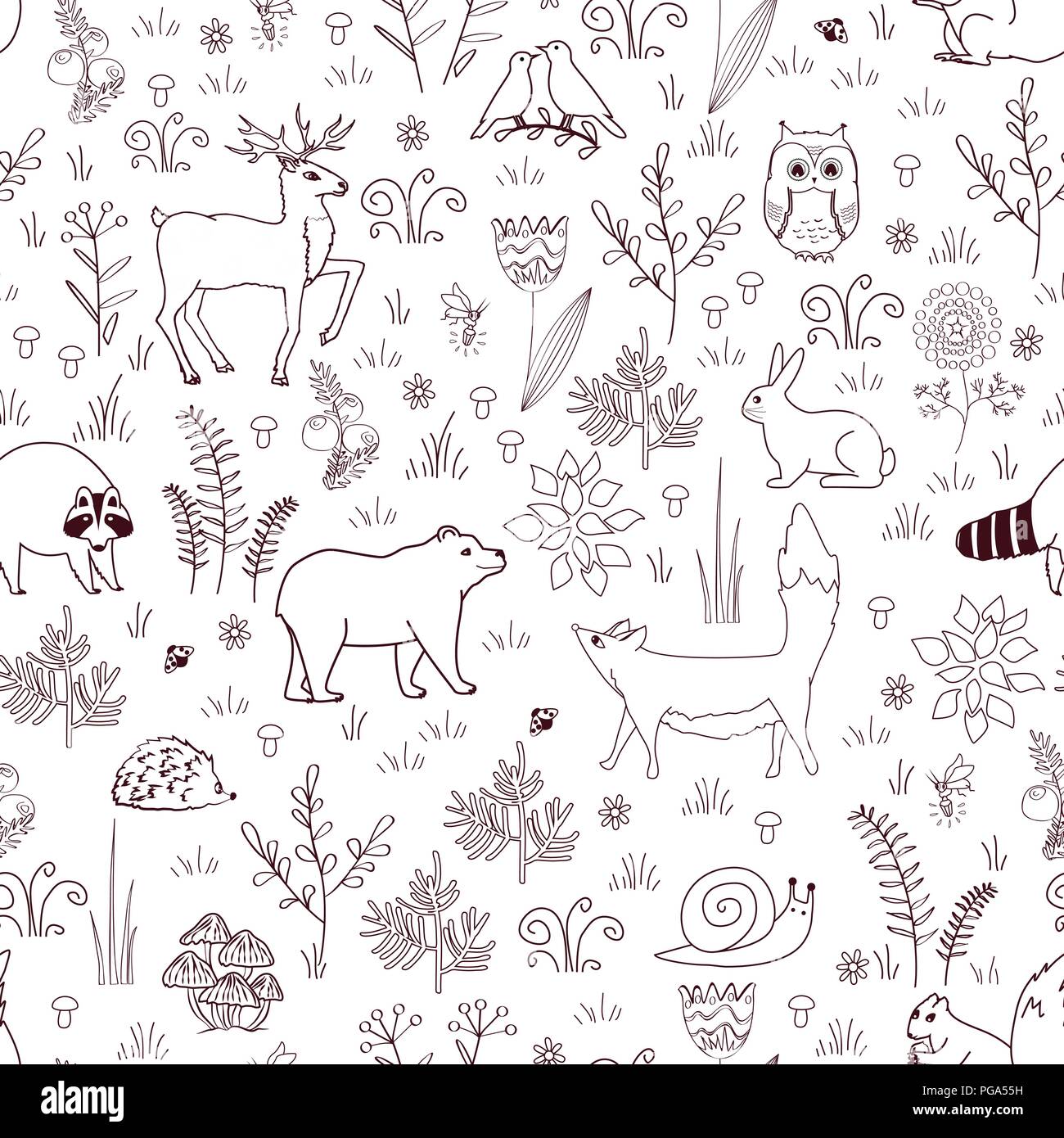 Forest seamless pattern with cute bear, fox, hedgehog, birds, bees ...