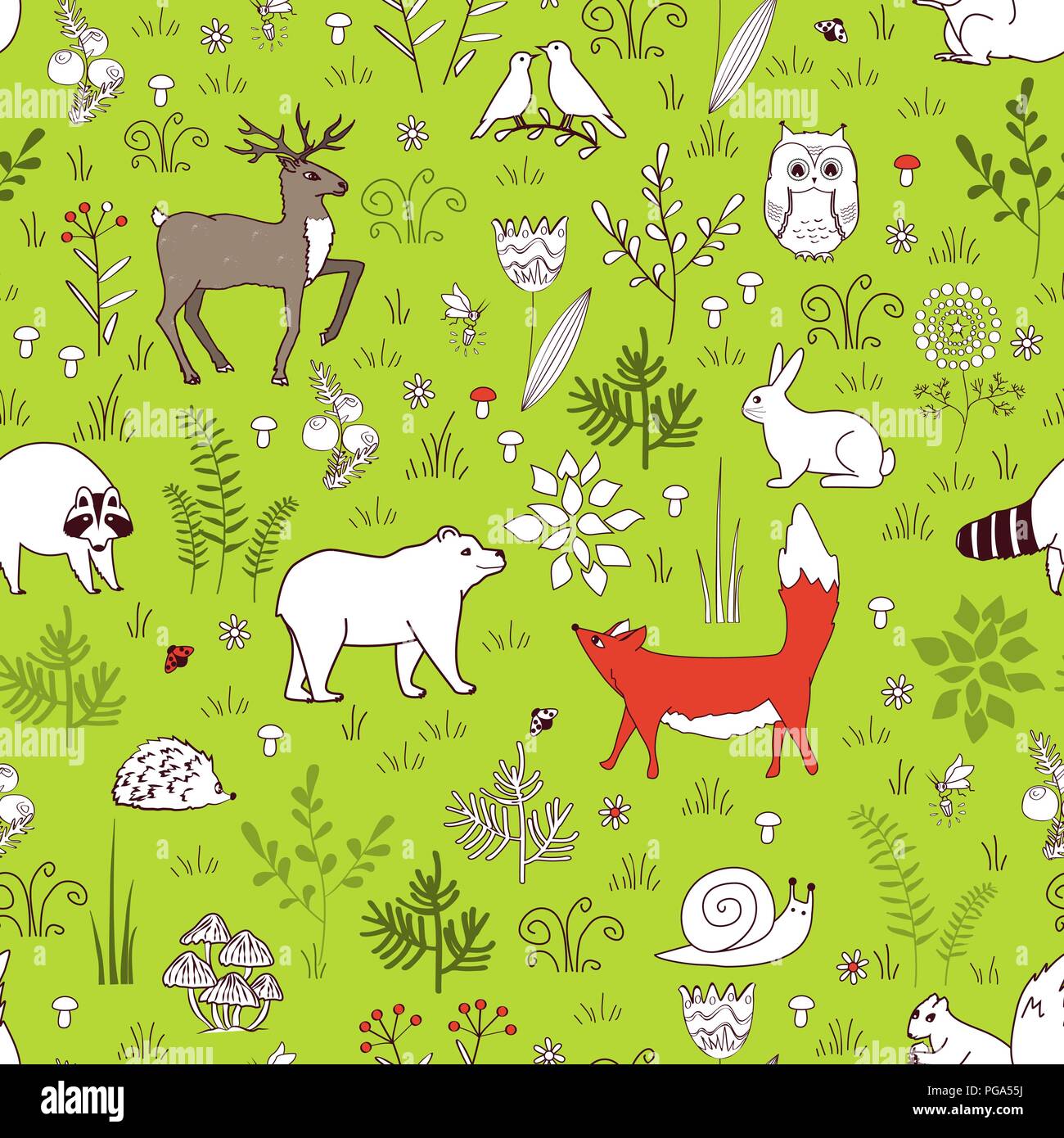 Forest seamless pattern with cute bear, fox, hedgehog, birds, bees ...