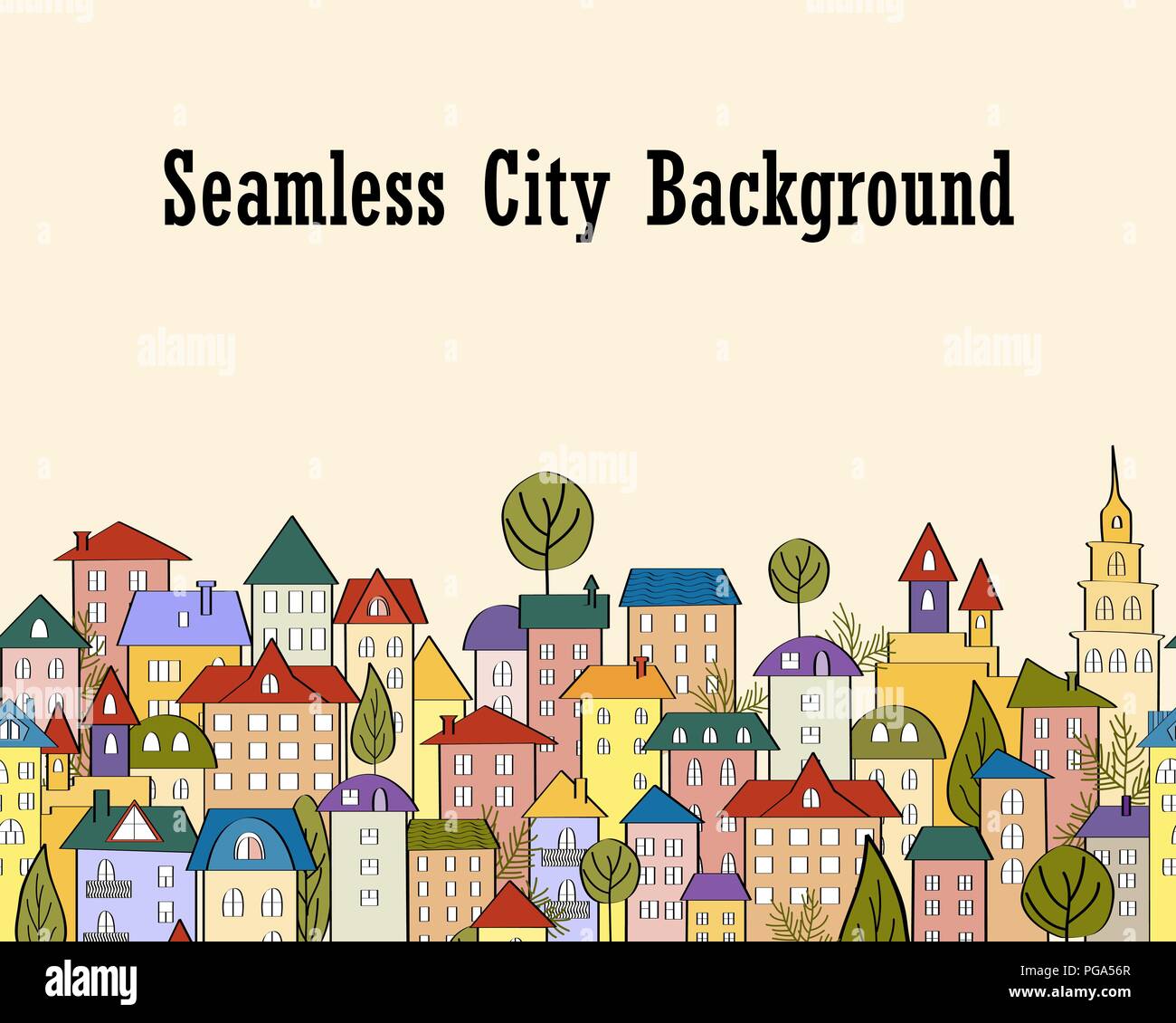 Seamless banner background with rows of colorful cartoon houses. vector ...
