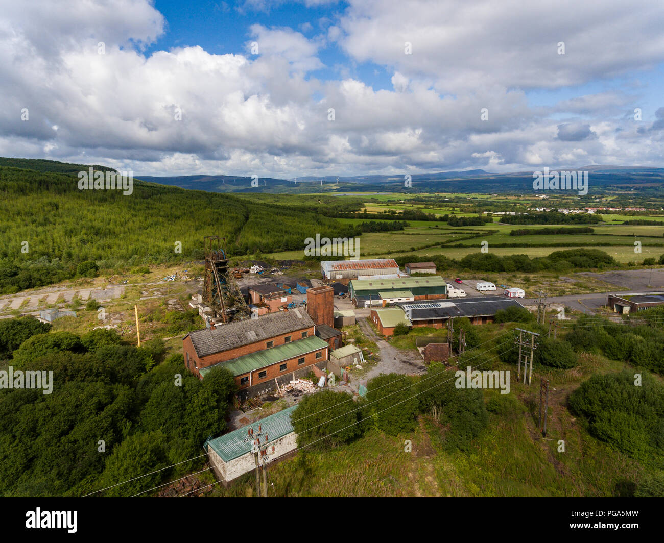 Aerial drone view of a closed, abandoned coal mine (Tower Colliery ...