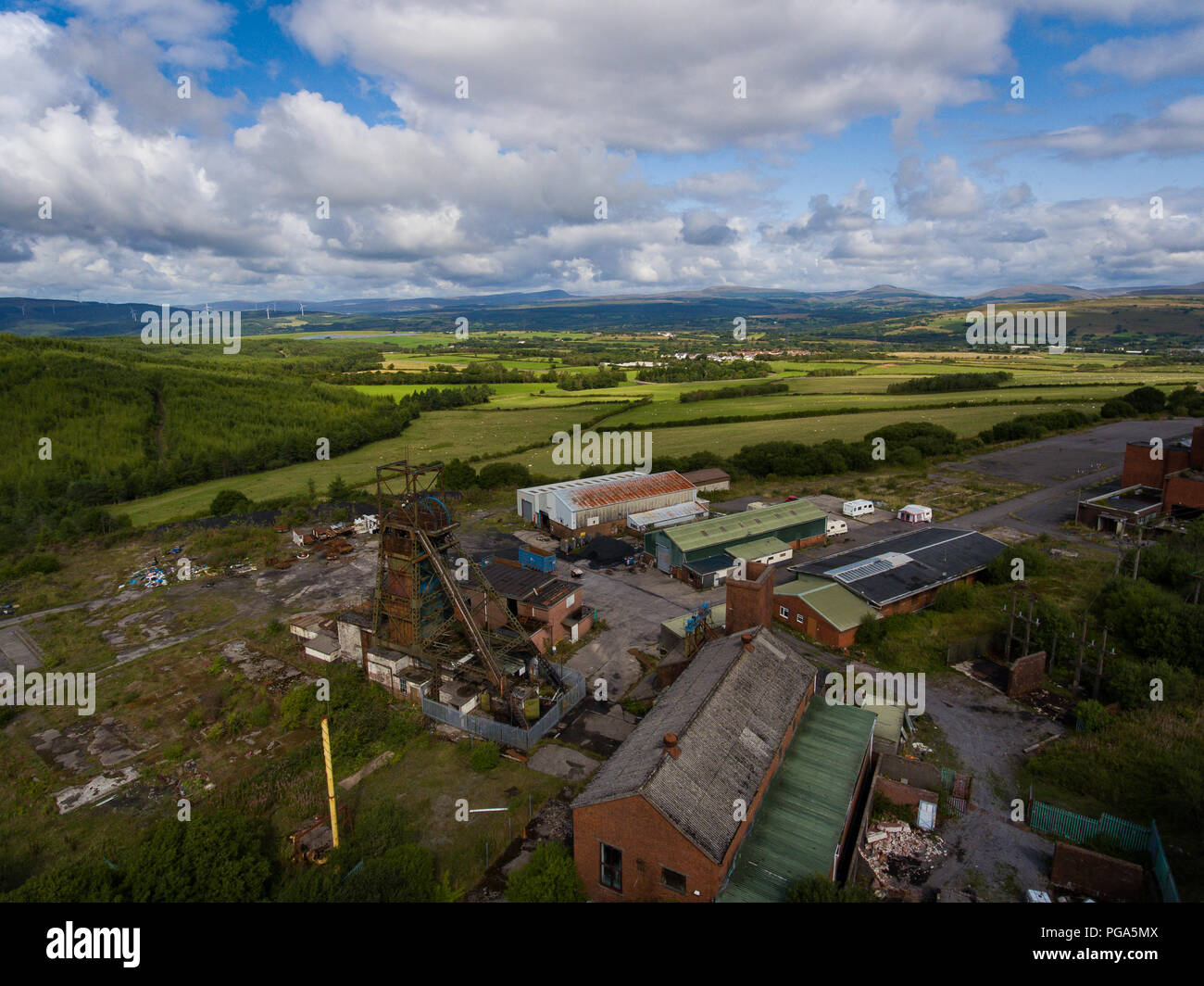 Aerial drone view of a closed, abandoned coal mine (Tower Colliery ...