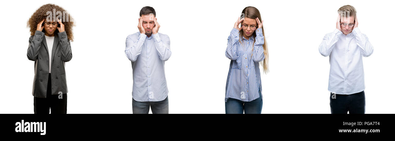 Team of business men and women with hand on head for pain in head ...