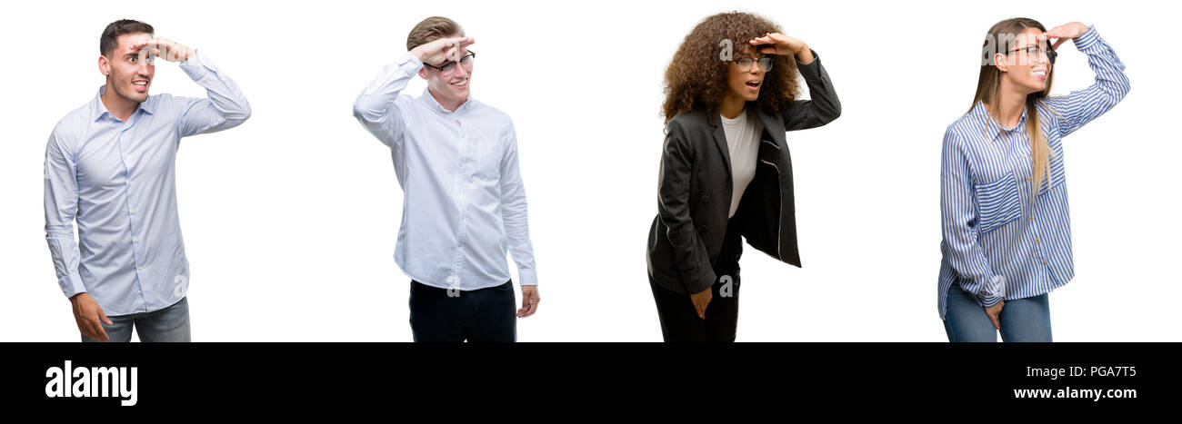 Team of business men and women very happy and smiling looking far away ...