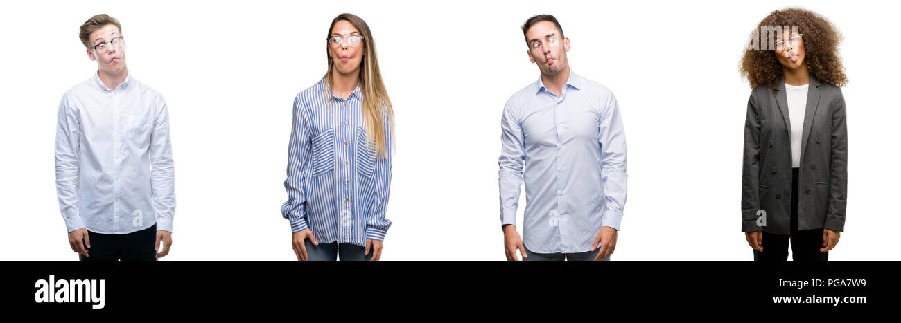 Team of business men and women making fish face with lips, crazy and ...