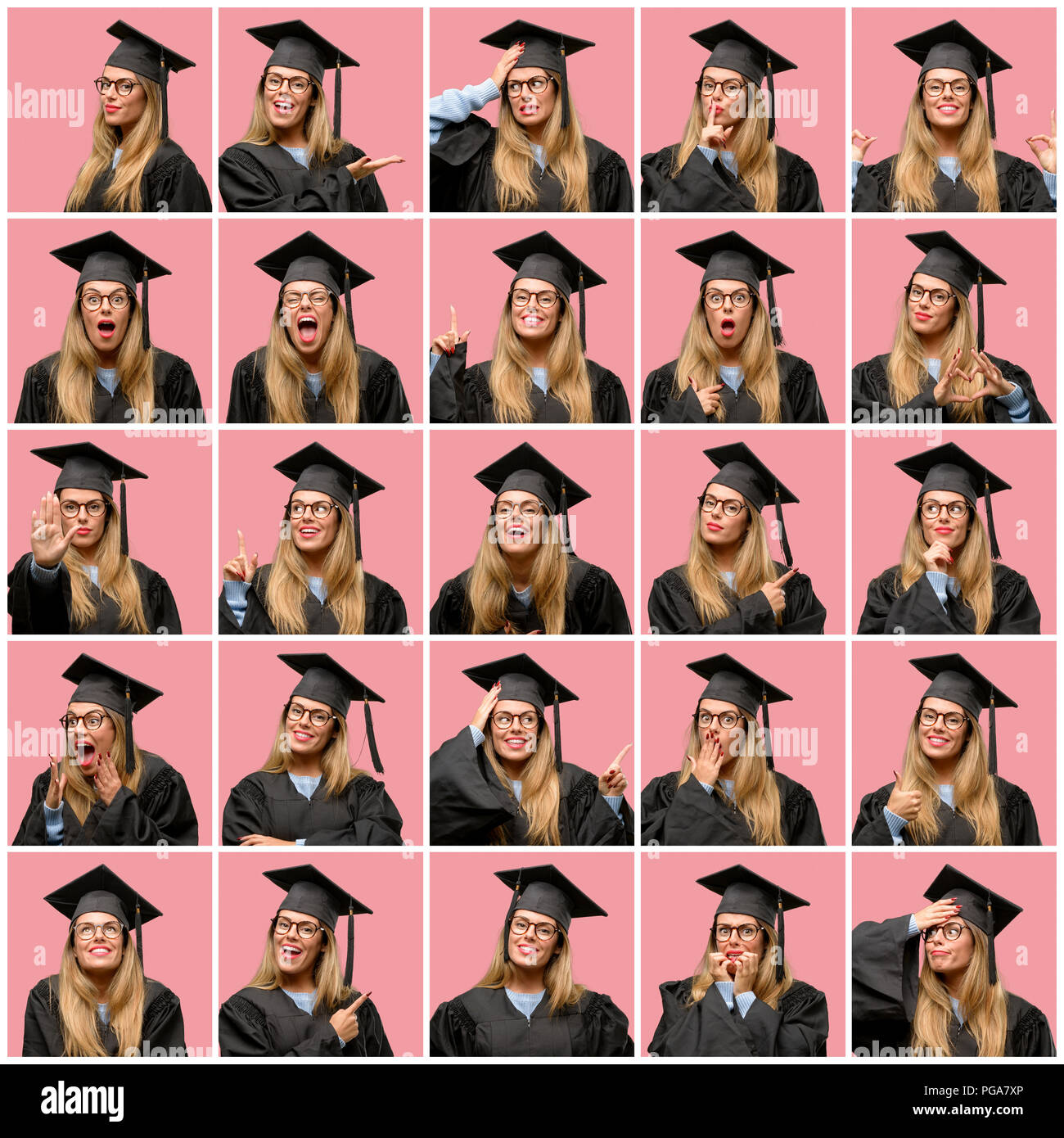 Young beautiful woman wearing graduation cap very happy doing gestures ...