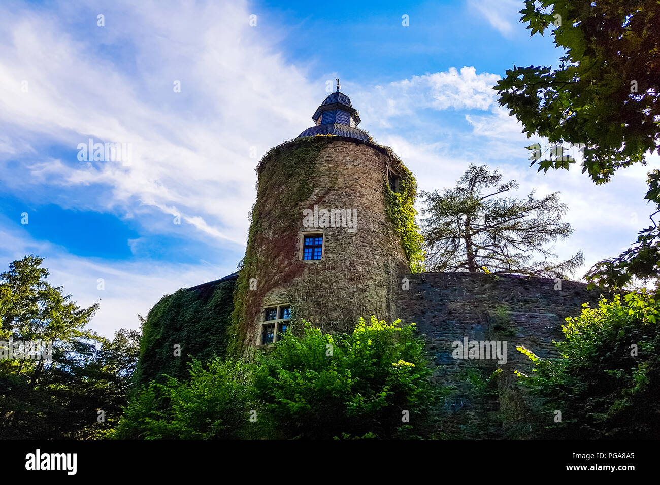 Tower of the medieval hill castle Schloss Landsberg in Germany Stock ...