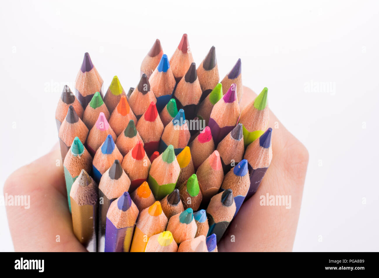 Hand holding Color pencils on a white background Stock Photo - Alamy