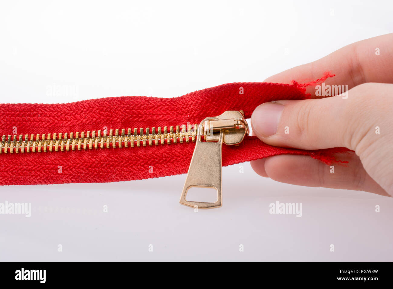 Hand holding color zipper on a white background Stock Photo - Alamy