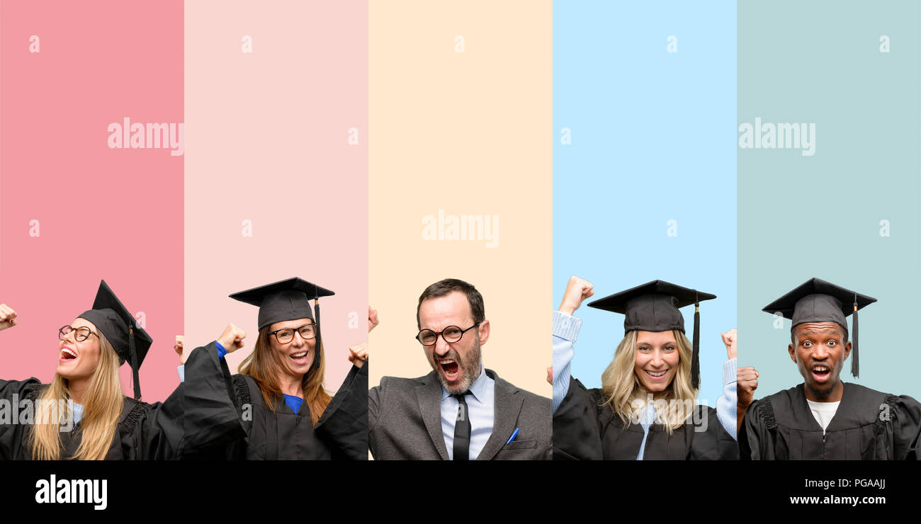 Senior teacher with his graduate students happy and excited celebrating ...