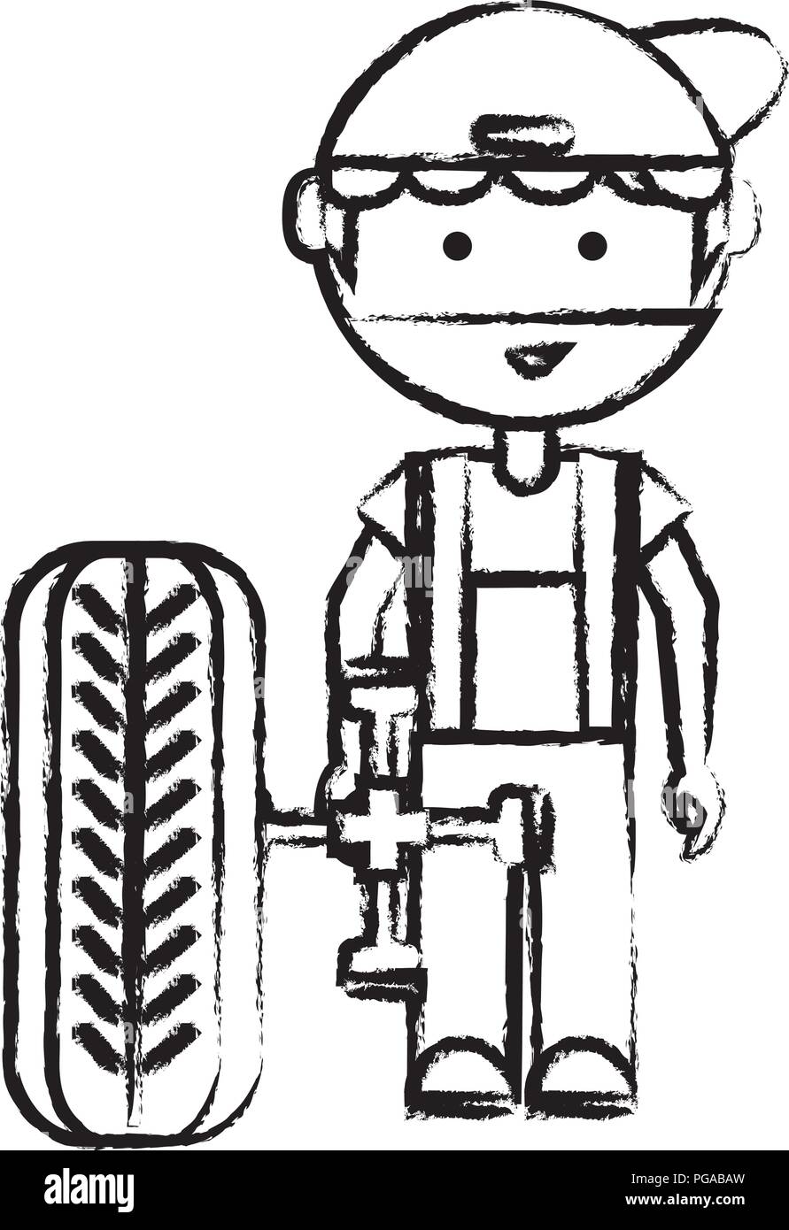cartoon mechanic with a wheel and cross piece over white background ...