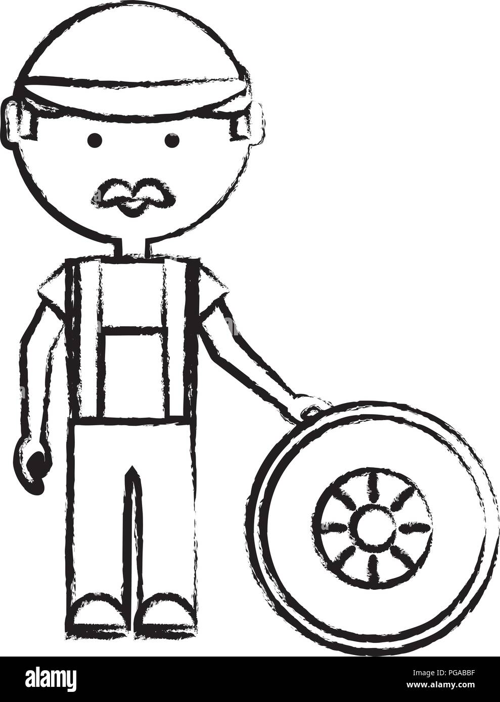 cartoon mechanic and car wheel over white background, vector ...