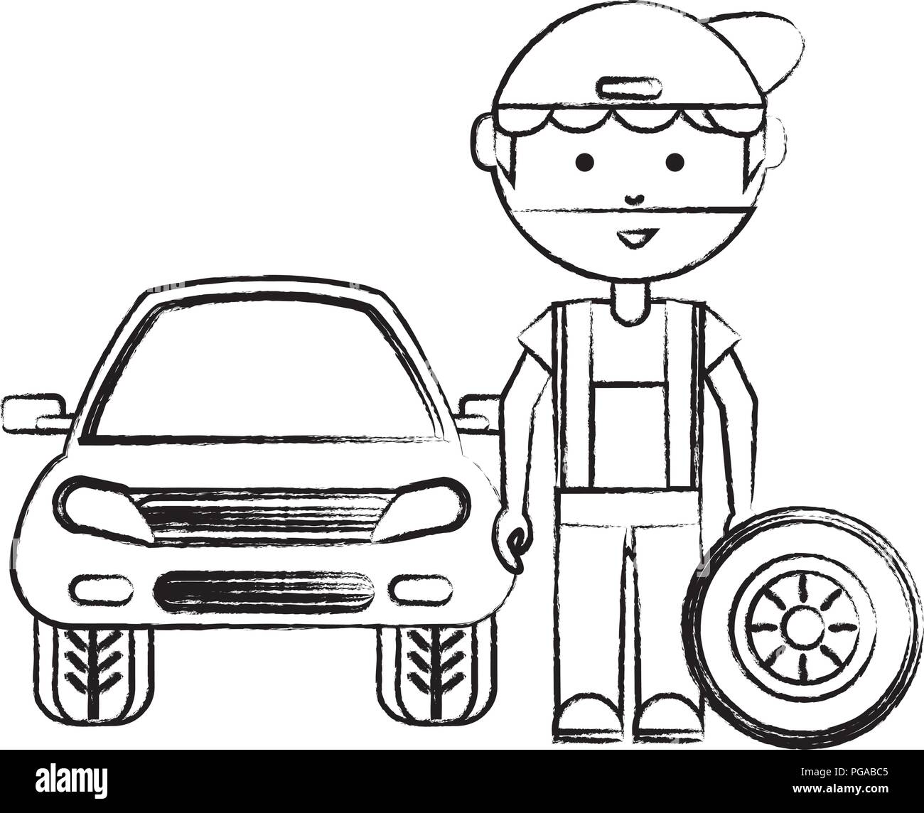 cartoon mechanic with car wheel and car over white background, vector ...