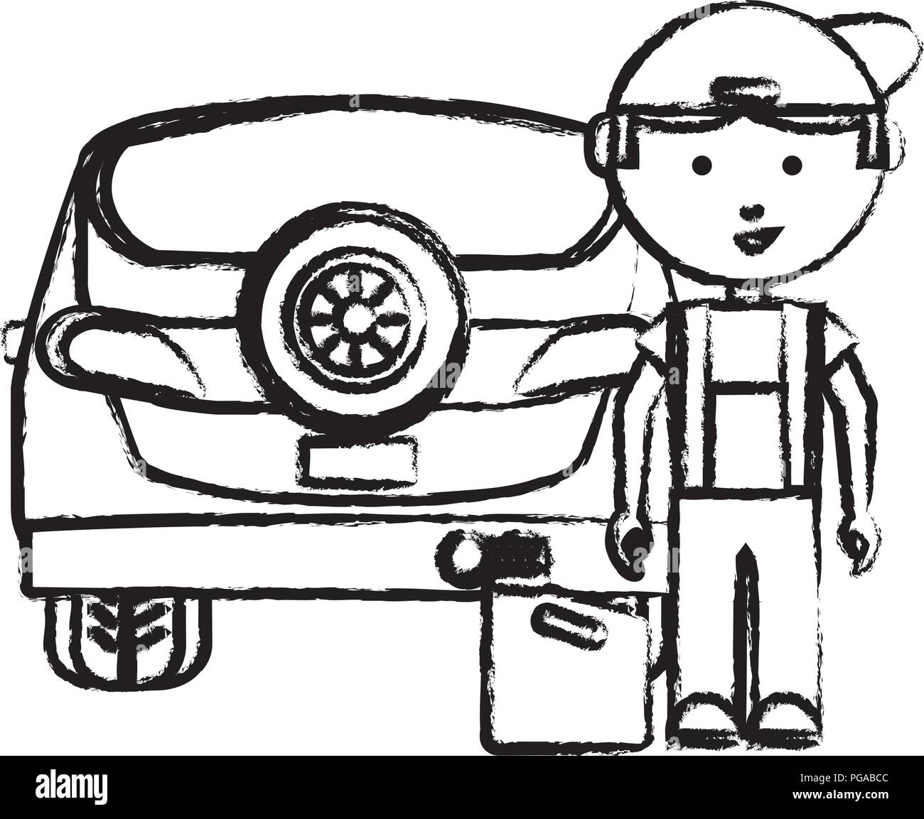 cartoon mechanic with car and galon over white background, vector ...